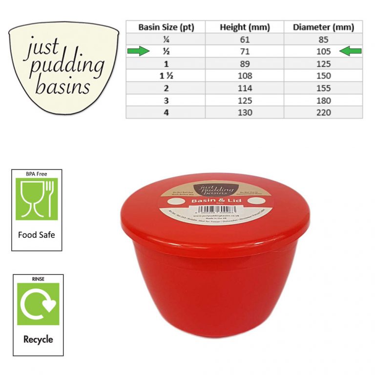 1/2 Pint - 280ml - Red Pudding Basin and Lid (6 Pack) - Just Pudding Basins